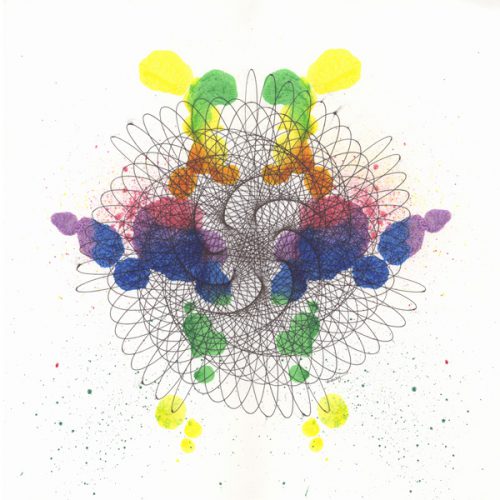 Rainbow color spectrum, drawings altered with colorful ink blots ...