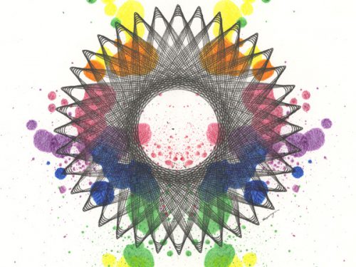 Rainbow color spectrum, drawings altered with colorful ink blots ...