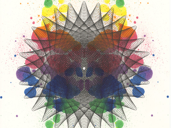 Rainbow color spectrum, drawings altered with colorful ink blots ...
