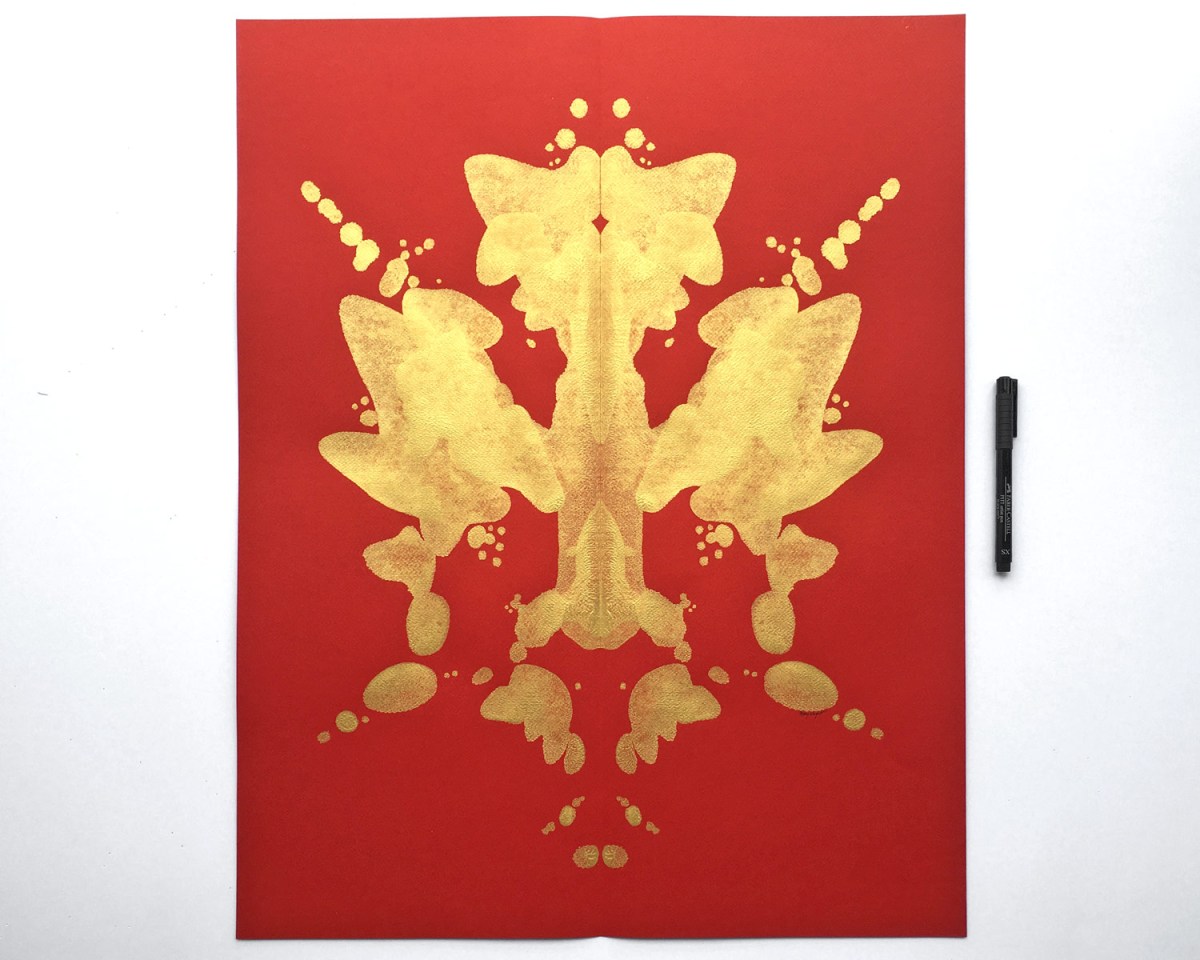 Metallic gold ink blot paintings on red paper – MARY WAGNER ART BLOG