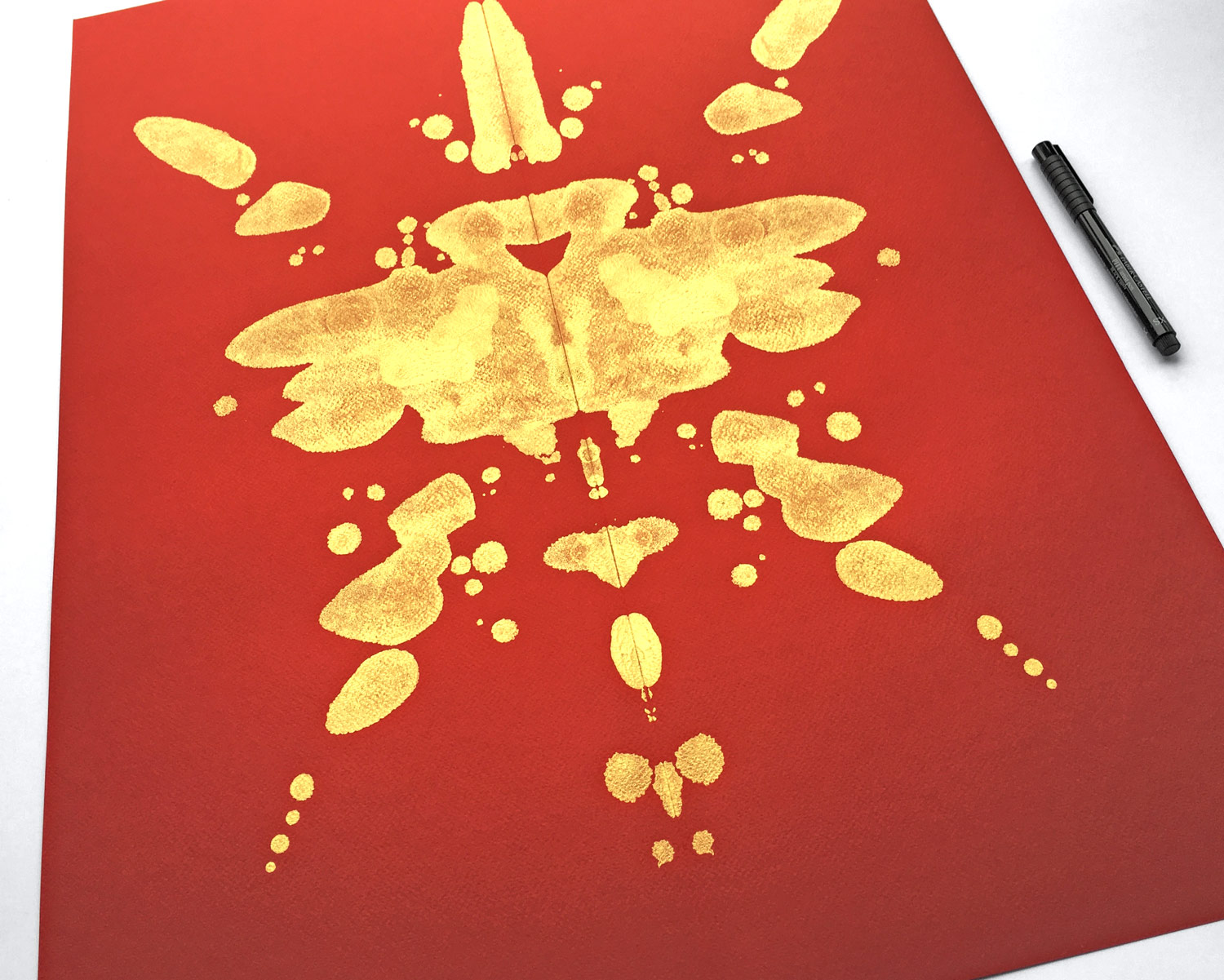 Metallic gold ink blot paintings on red paper – MARY WAGNER ART BLOG